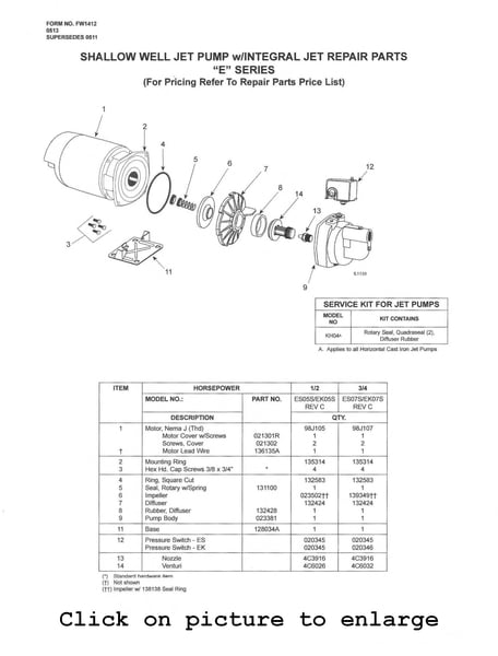 Flint and Walling OEM EK 1/2 & 3/4HP Jet Pump Parts